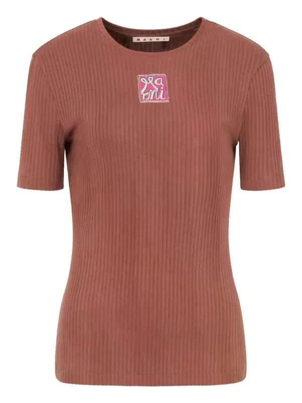 Marni Ribbed Knit T-shirt With Embroidered Logo - Brown
