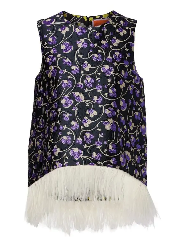 La DoubleJ La Scala Feather-trimmed Jacquard Top - Multicoloured