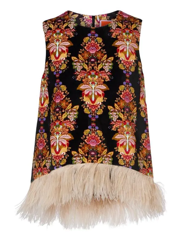 La DoubleJ La Scala Feather-trimmed Top - Multicoloured