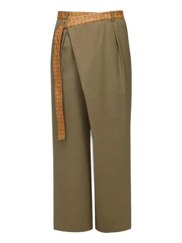Mcm Wool Twill Pants With Monogram Print Leather Belt - Khaki