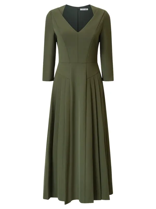KAY UNGER Enola Pleated Stretch Crepe Midi Dress - Olive Gree