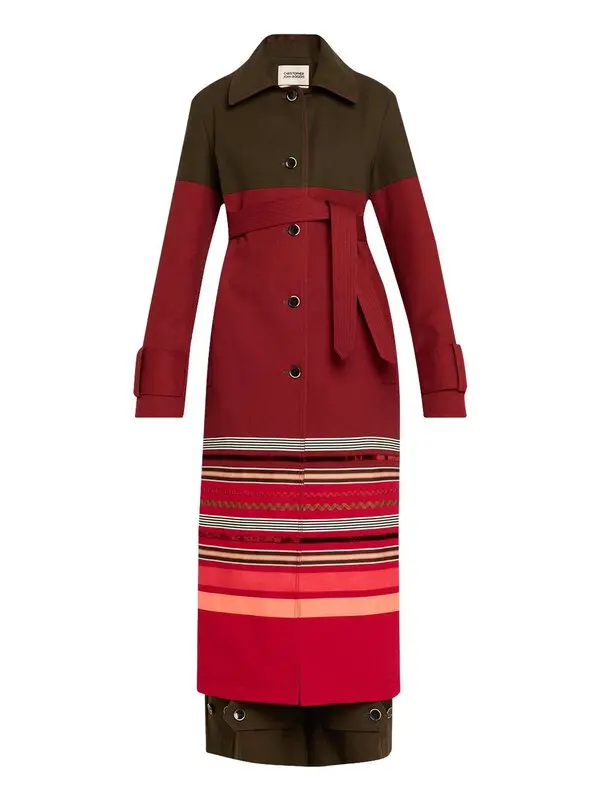 Christopher John Rogers Striped Embroidered Belted Long Trench Coat - Sarsaparil