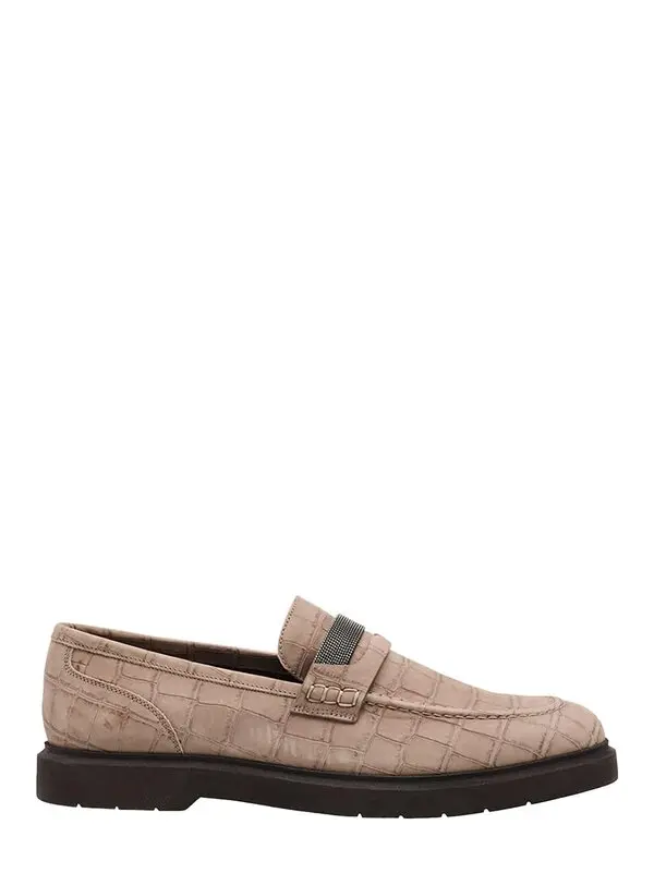 Brunello Cucinelli Croc-embossed Suede Monili Penny Loafers - Ice
