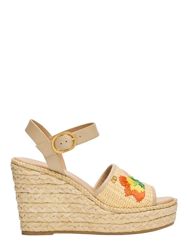 Valentino Garavani Bribri Raffia Flower Wedge Espadrille Sandals - Naturale
