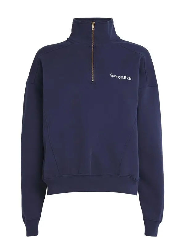 SPORTY & RICH Cotton Logo Quarter-zip Sweatshirt - Navy