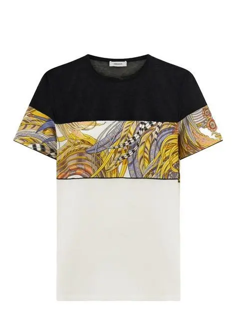 FERRAGAMO Crewneck T-shirt With Silk Inserts - Blue / Stripe / White / Yellow