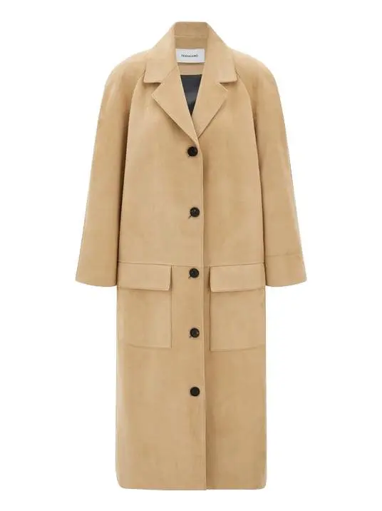 FERRAGAMO Single-breasted Nappa Suede Coat - Neutral