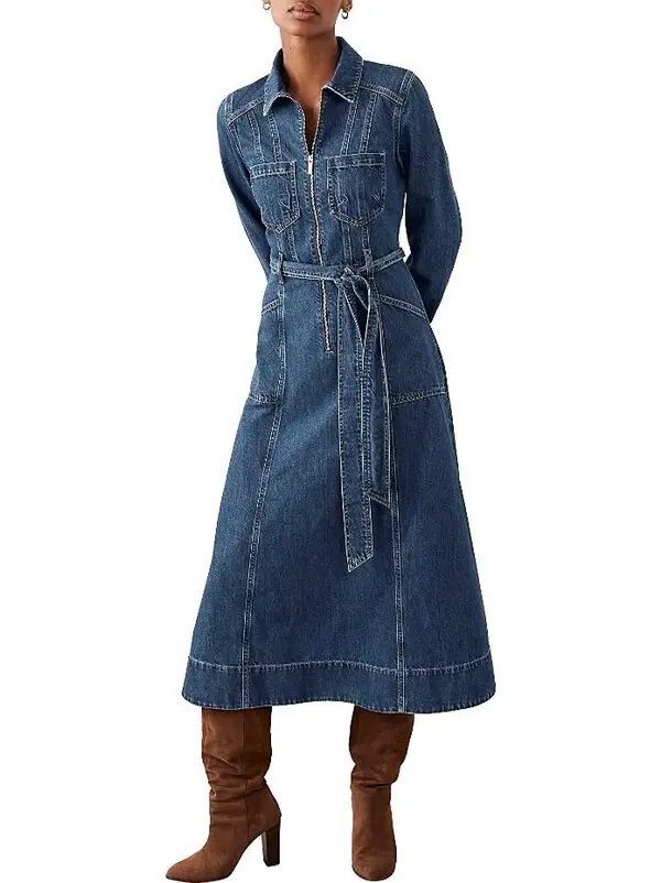 Mint Velvet Denim Belted Midi Shirt Dress - Blue