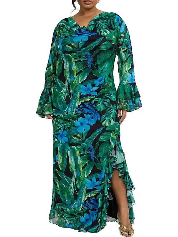 FASHION-SZN CURVE Ruffle Cowl Neck Palm Print Maxi Dress - Green