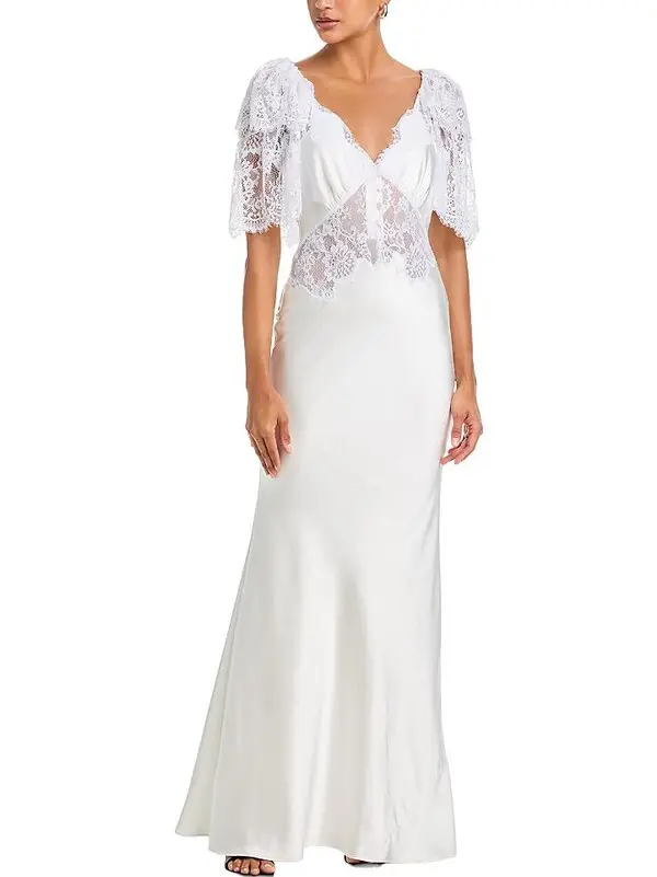 SELF-PORTRAIT Fine Lace Satin Maxi Dress - White