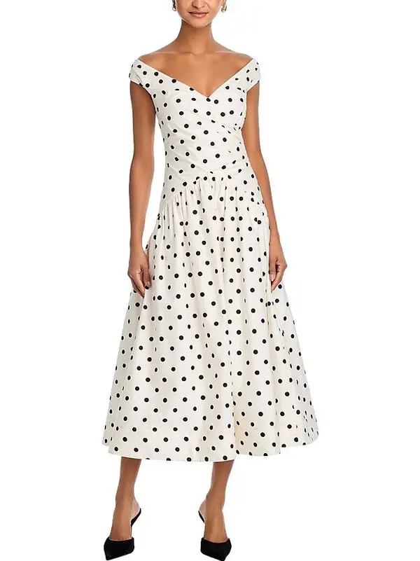 SELF-PORTRAIT Polka Dot Cotton Midi Dress - Cream