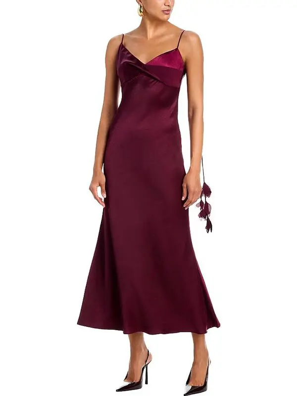 SELF-PORTRAIT Satin Flower Midi Dress - Burgundy