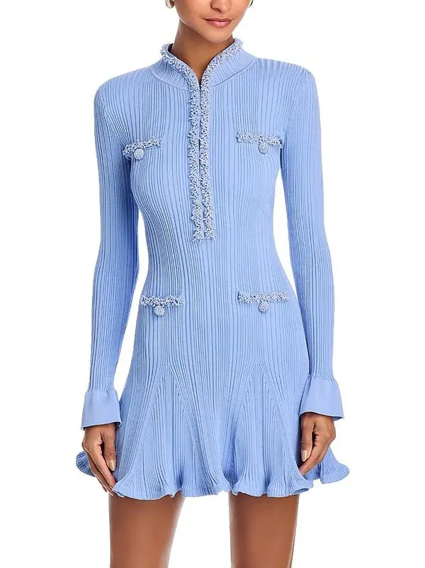 SELF-PORTRAIT Faux Pearl Trim Mini Dress - Blue