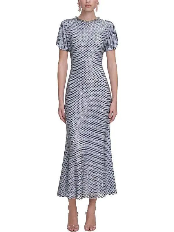 SELF-PORTRAIT Rhinestone Mesh Midi Dress - Blue