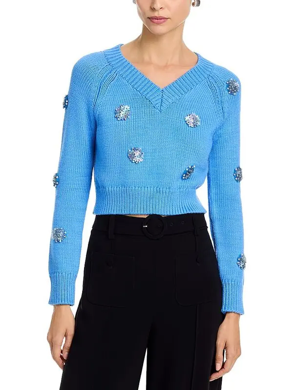 Cinq À Sept Embellished V-neck Sweater - Cobalt Wave