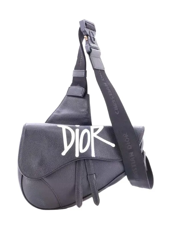 Dior Shawn Stussy Saddle Printed Leather Crossbody Bag - Black