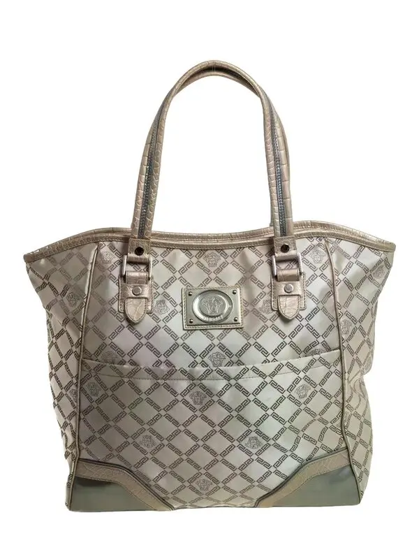 Versace Monogram Fabric And Croc Embossed Leather Tote - Neutrals