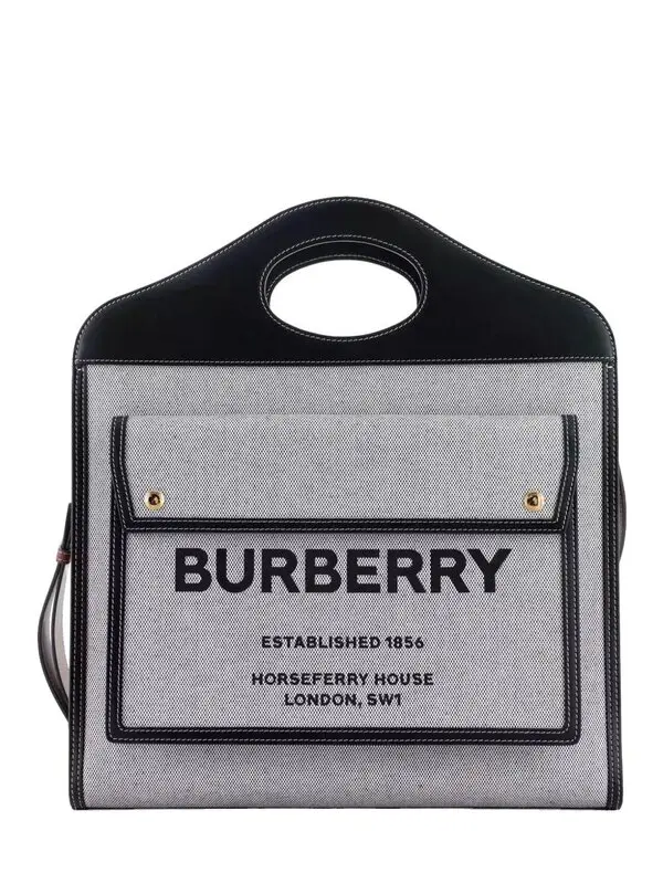 Burberry Logo Pocket Tote Canvas With Leather Medium Crossbody Bag - Black