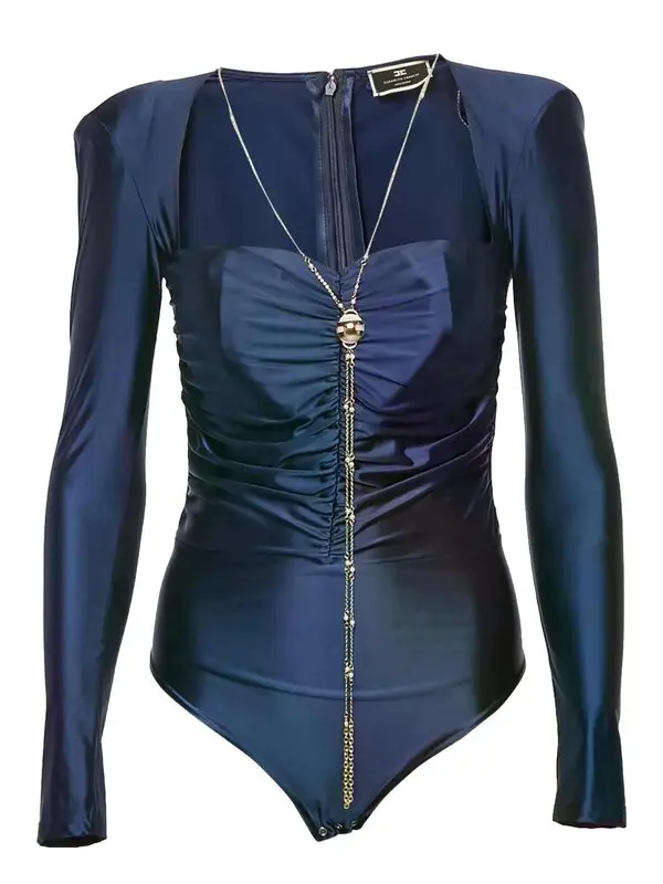 Elisabetta Franchi Satin Long-sleeve Bodysuit - Blue