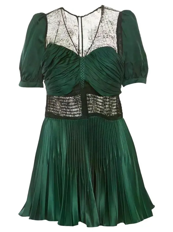 SELF-PORTRAIT Pleated Lace Mini Dress - Green