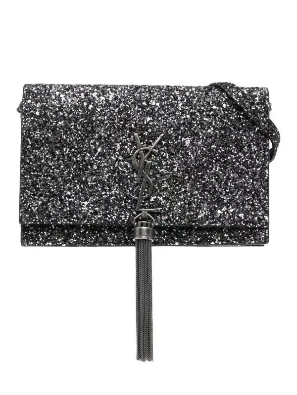 Saint Laurent 2018 Metallic Glitter Monogram Kate Tassel Chain Wallet - Black