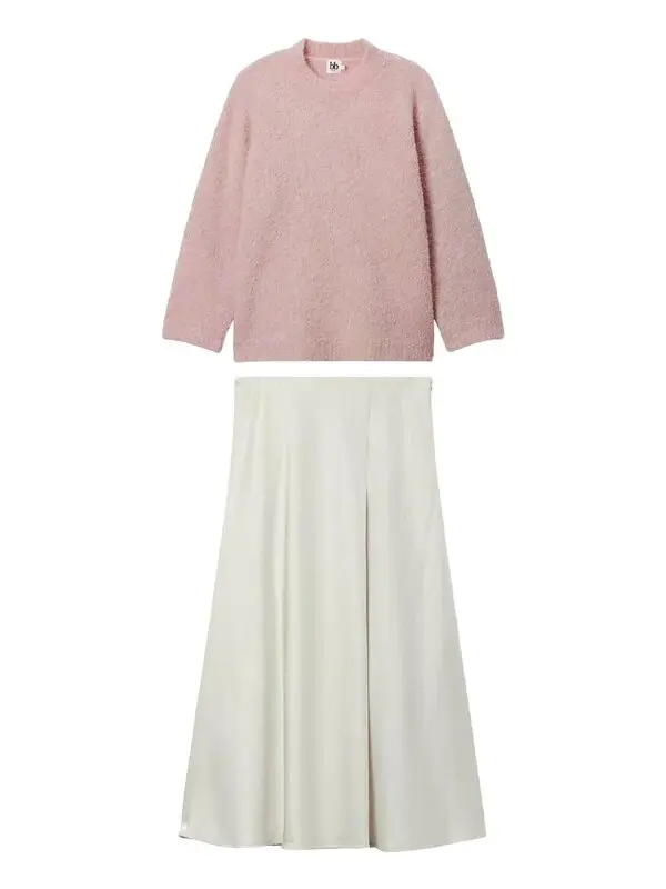 B+AB Crew-neck Sweater And A-line Skirt - Pink