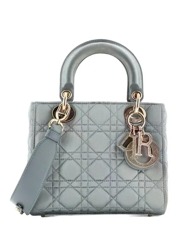 Dior Abcdior Lady Cannage Quilt Satin Crossbody Bag With Crystal Charms - Blue