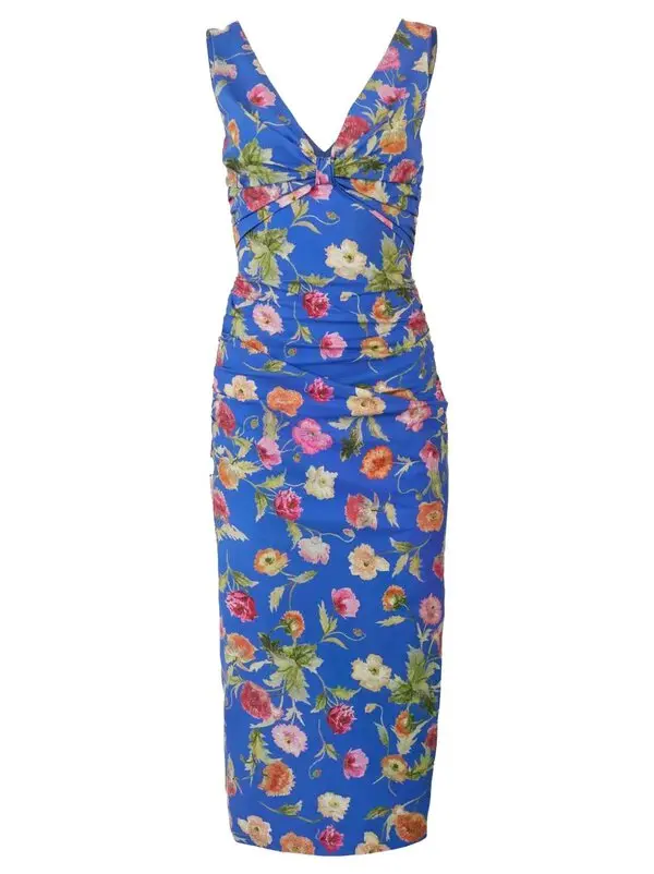 Carolina Herrera Poppy-print Gathered Midi Dress - Blue