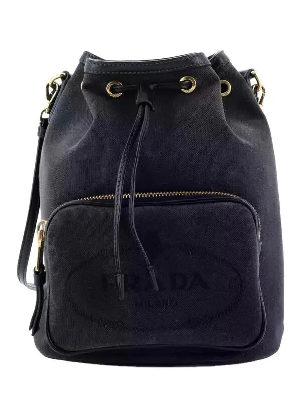 Prada Logo Drawstring Canvas Bucket Bag - Black