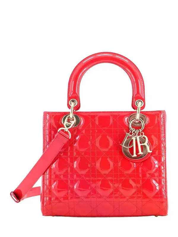 Dior Lady Medium Satchel Cannage Quilt Patent - Red