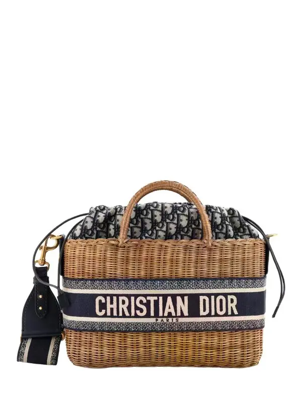 Dior Basket Bag Wicker And Oblique Canvas Large Tote - Blue