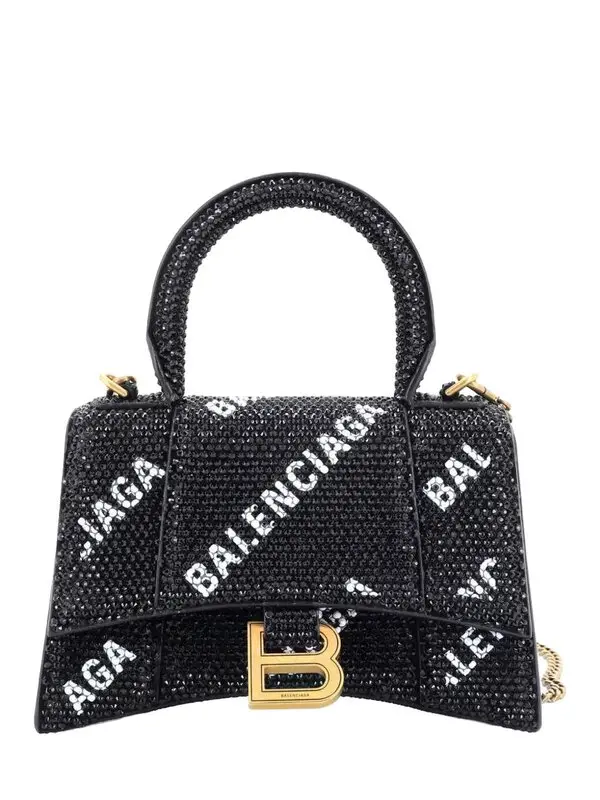 Balenciaga Hourglass Xs Top Handle Bag With Allover Logo And Crystals - Black