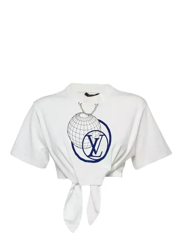 LOUIS VUITTON Globe-print Knot-detail T-shirt - White