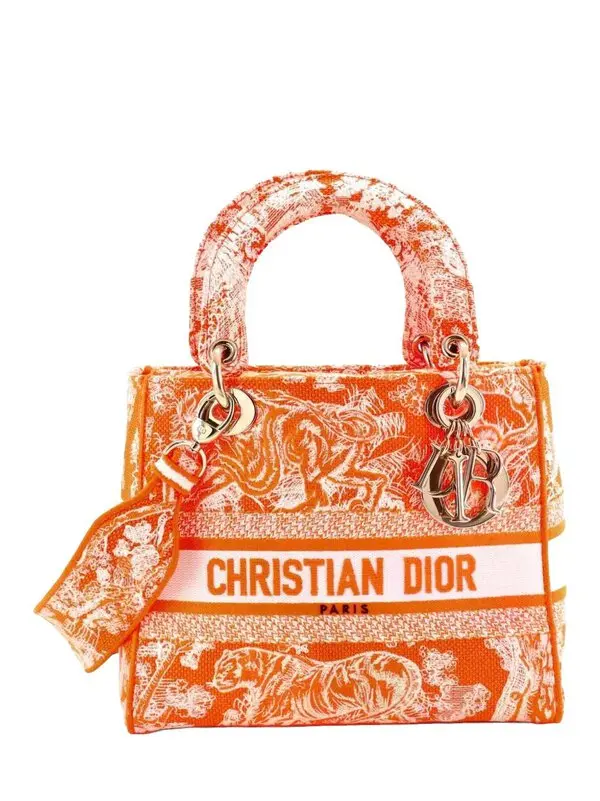 Dior Toile De Jouy Lady D-lite Embroidered Canvas Tote Bag - Orange