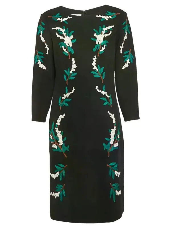 Oscar De La Renta Floral-embroidered Wool Dress - Black