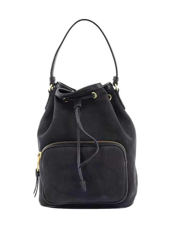 Prada Logo Drawstring Canvas Bucket Bag - Black