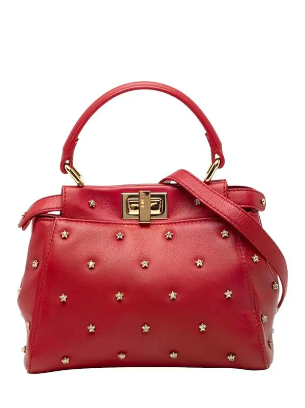 Fendi 2000-2010 Xs Crystal Star Studded Peekaboo Iconic Satchel - Red