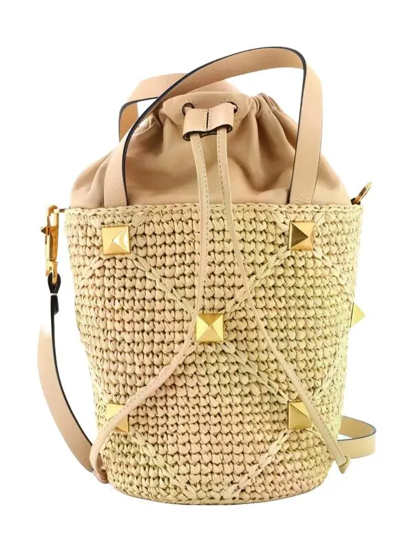 Valentino Garavani Roman Stud Raffia And Leather Bucket Bag - Neutrals