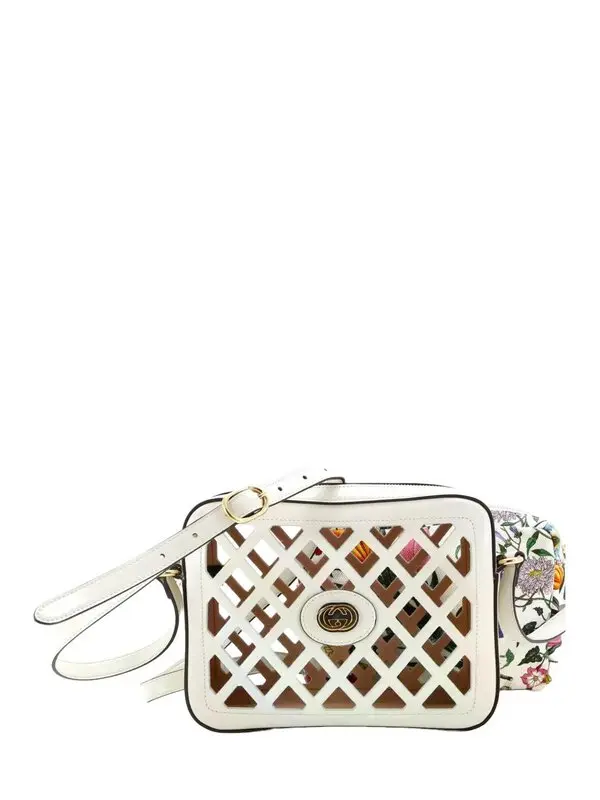 Gucci Camera Cutout Leather With Flora Canvas Crossbody Bag - Neutrals