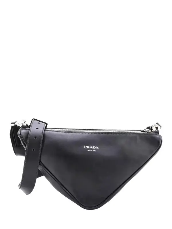 Prada Double Triangle Logo Zip Shoulder Bag - Black