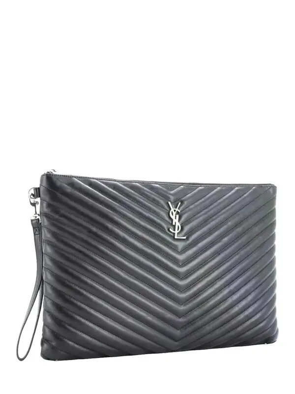 Saint Laurent Classic Monogram Wristlet Pouch Matelasse Chevron Leather Large Clutch Bag - Black