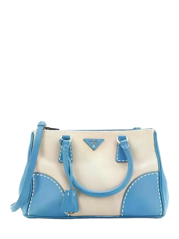 Prada Double Zip Convertible Stitched City Calf And Canvas Small Tote Bag - Blue