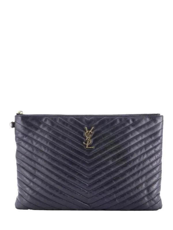 Saint Laurent Monogram Wristlet Pouch Matelasse Chevron Leather Large Clutch Bag - Black