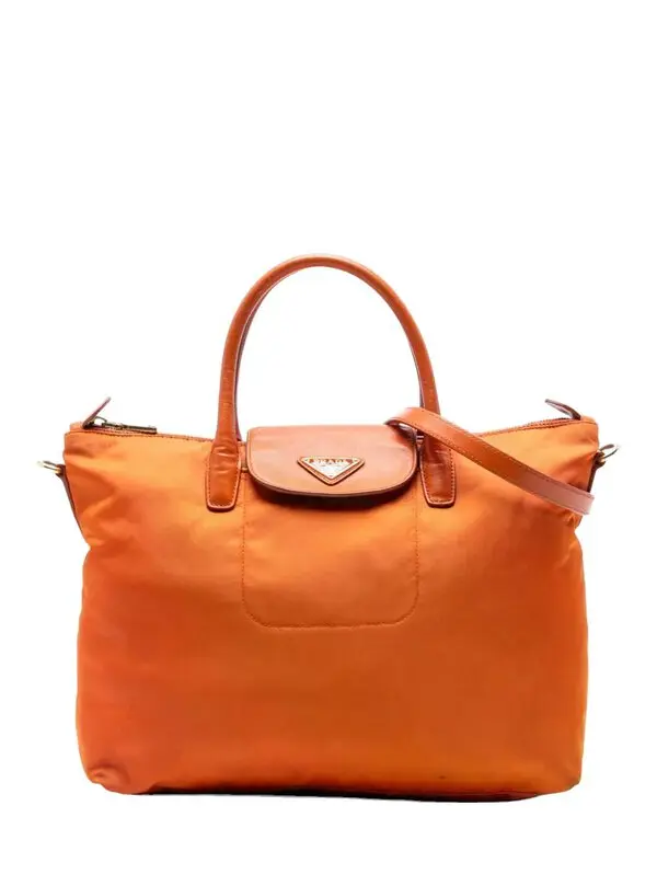 Prada Saffiano Trimmed Tessuto Satchel - Orange
