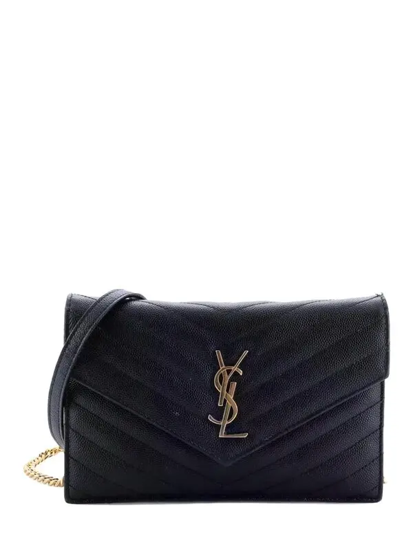 Saint Laurent Classic Monogram Wallet On Chain Matelasse Chevron Leather Small Crossbody Bag - Black