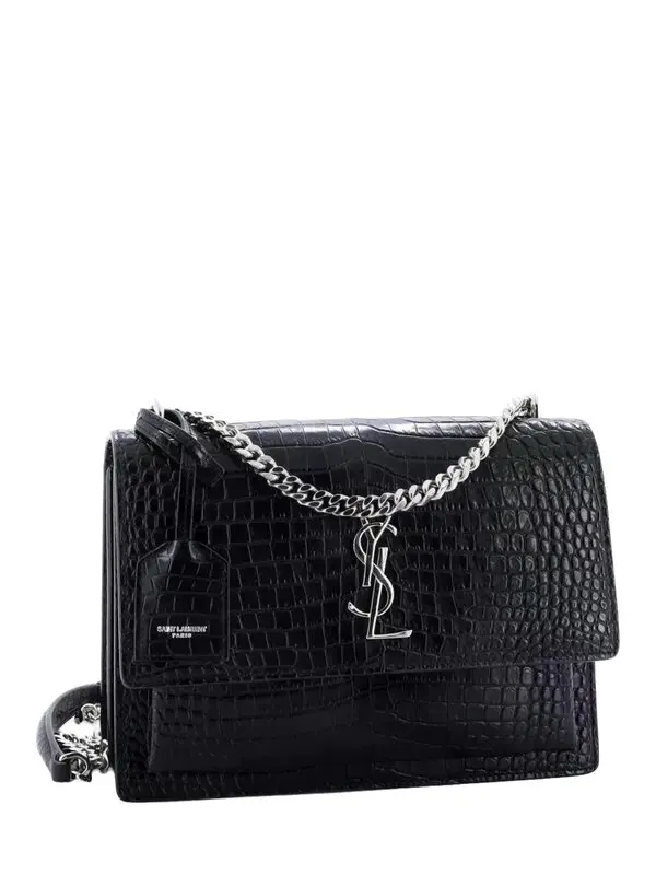 Saint Laurent Sunset Crocodile Embossed Leather Medium Cross Body Bag - Black