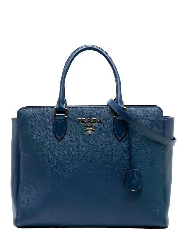 Prada Soft Calf Trimmed Saffiano Zippered Convertible Tote Satchel - Blue
