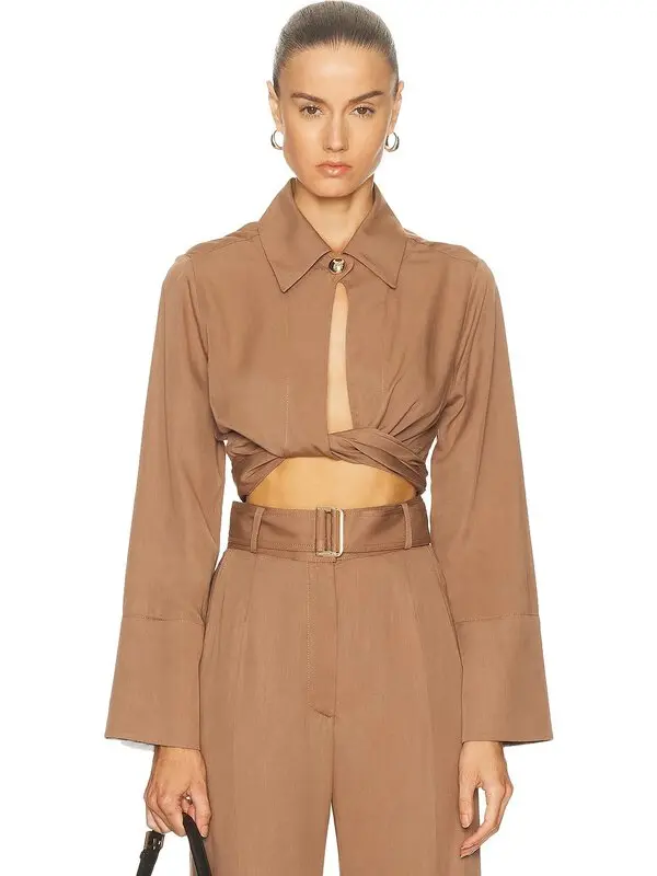 Matthew Bruch Collared Long Sleeve Wrap Top - Mocha Lyocell