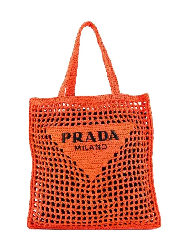 Prada Triangle Logo Open Raffia Tote - Orange