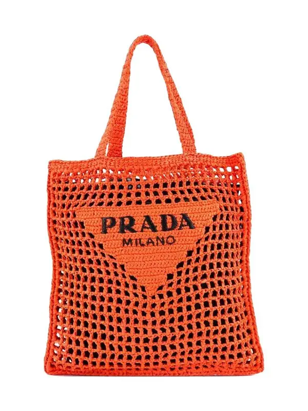 Prada Triangle Logo Open Raffia Tote - Orange
